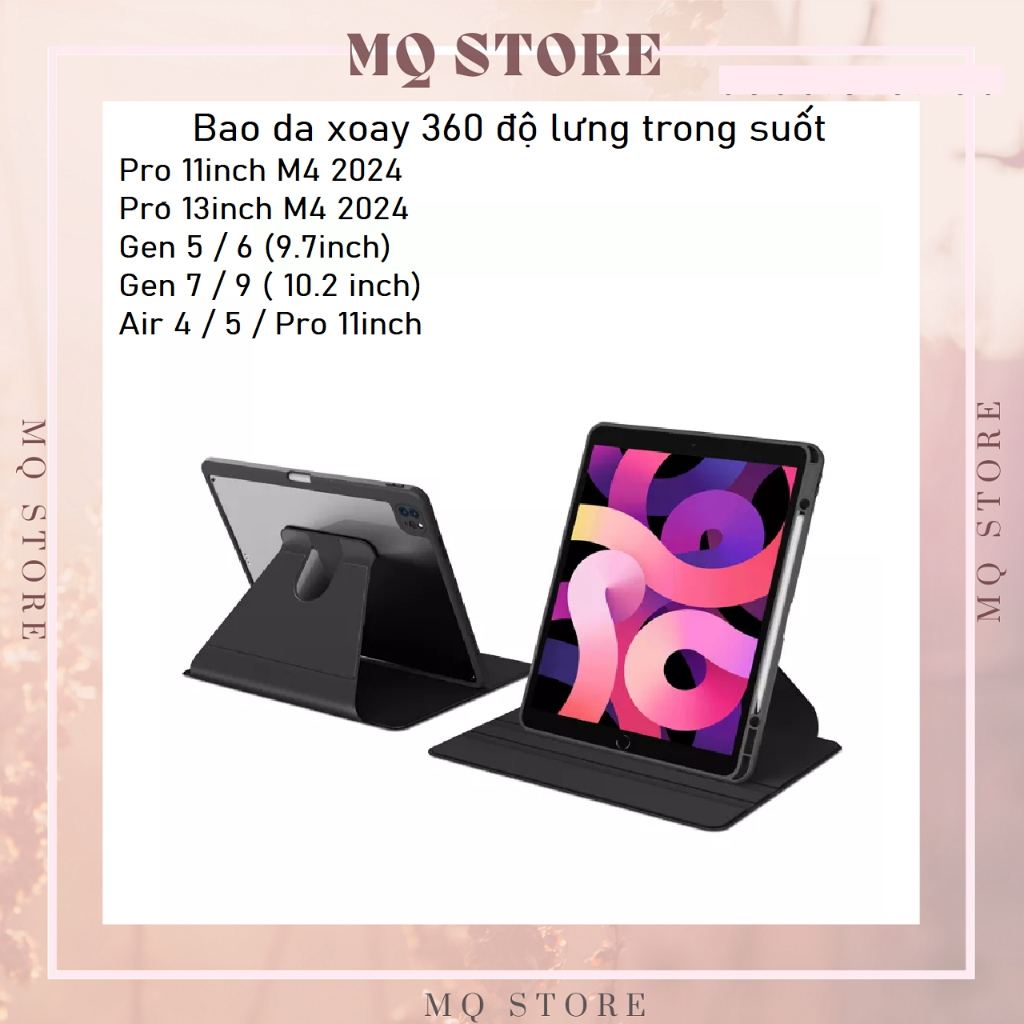 Bao da iPad xoay 360 độ lưng trong có khay bút cho iPad Pro 11, 13inch M4(2024), Gen 5/6/7/9 ...