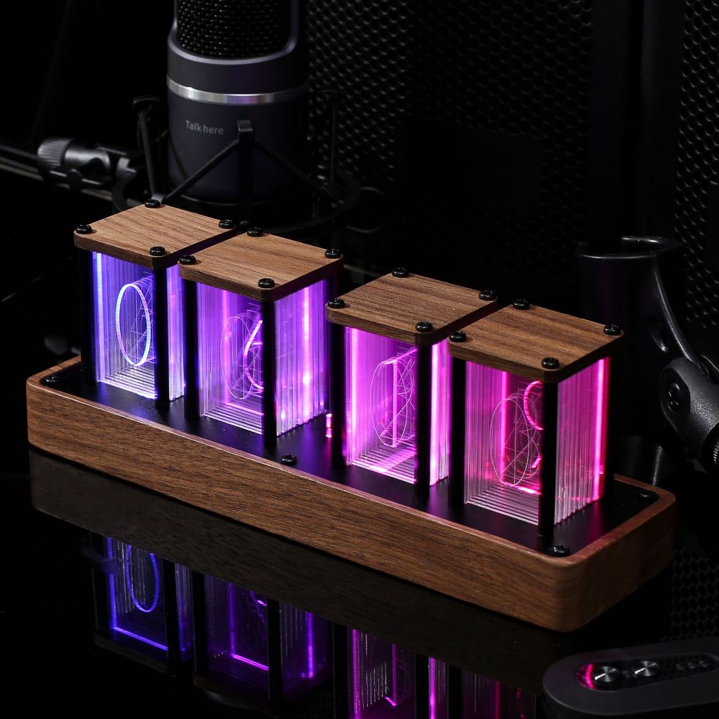 Đồng hồ led Nixie RGB để bàn nhiều chế độ sáng vân gỗ óc chó đã lắp sẵn ...