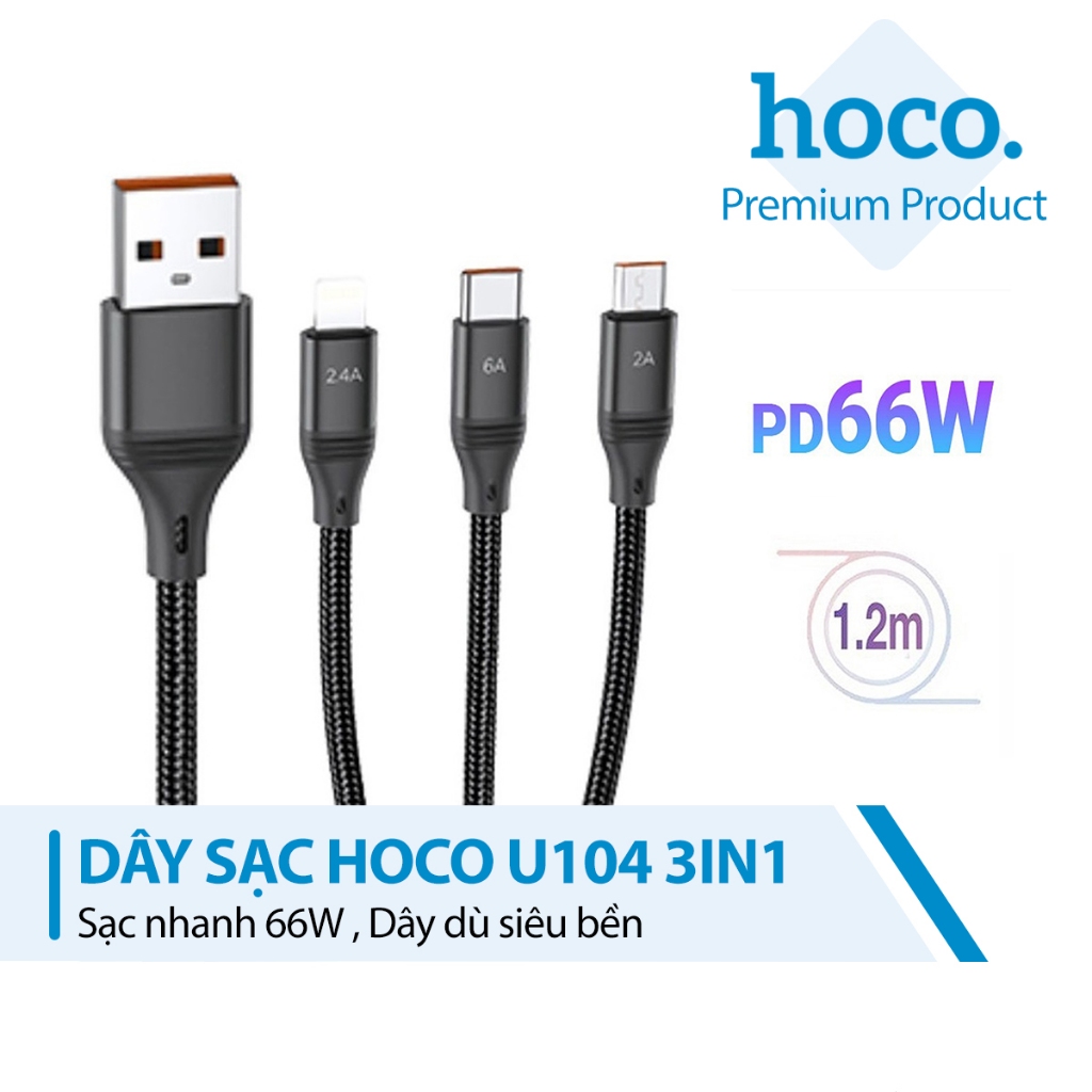 Dây sạc 3 đầu Hoco U104 sạc nhanh 66W dây dù siêu bền dài 1.2M | Shopee ...