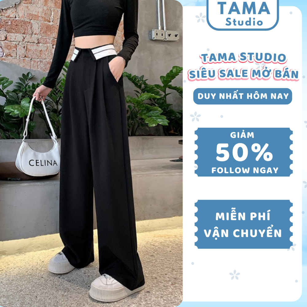 Quần ống suông mix cạp bẻ viền trắng chất ruby trượt sang trọng TAMA ...