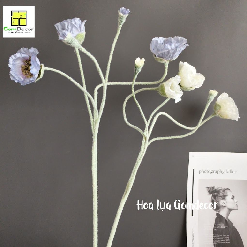 Hoa anh túc giả hoa poppy lụa đẹp cao cấp loại 1 thân phủ nhung bạc ...