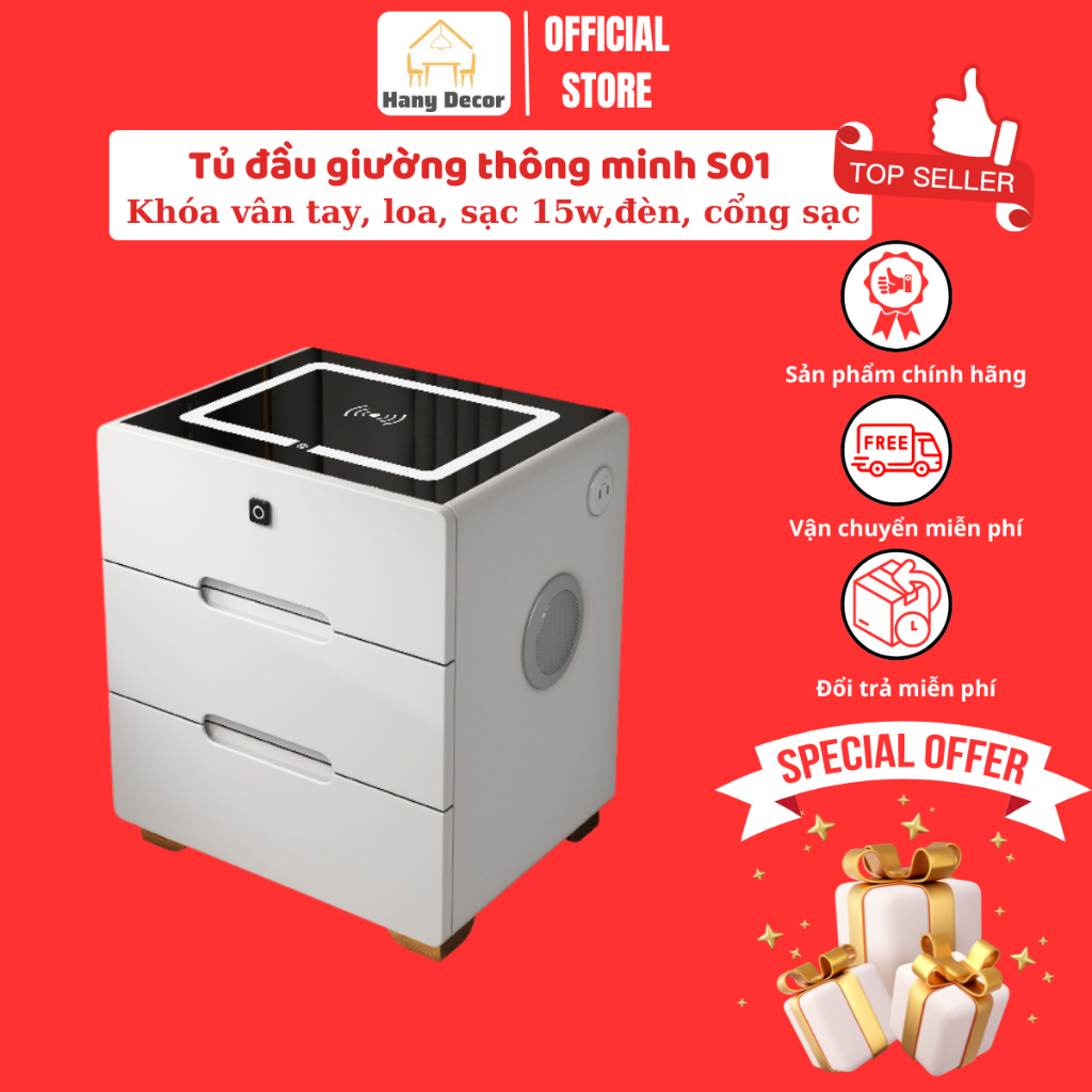 Kệ Tủ Đầu Giường Hanydecor - Tap Đầu Giường Thông Minh C01 Sạc Không Giây 15W, Đèn Led 3 Màu Tùy ...