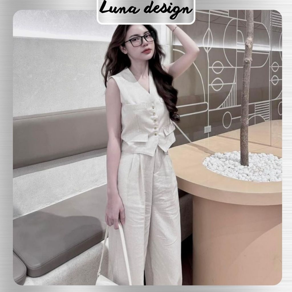Set LUNA DESGIN áo gile sát nách 4 nắp túi phối quần suông cài cúc chất ...