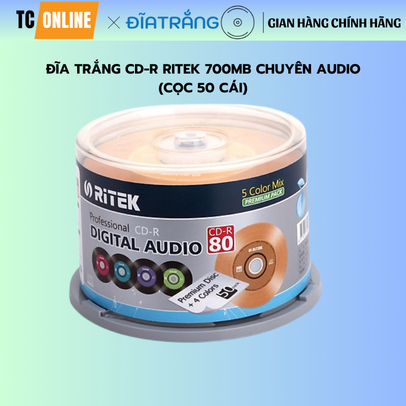 Bộ 50 cái đĩa trắng CD-R Ritek Audio 700MB (5 màu, kiểu tương tự đĩa ...