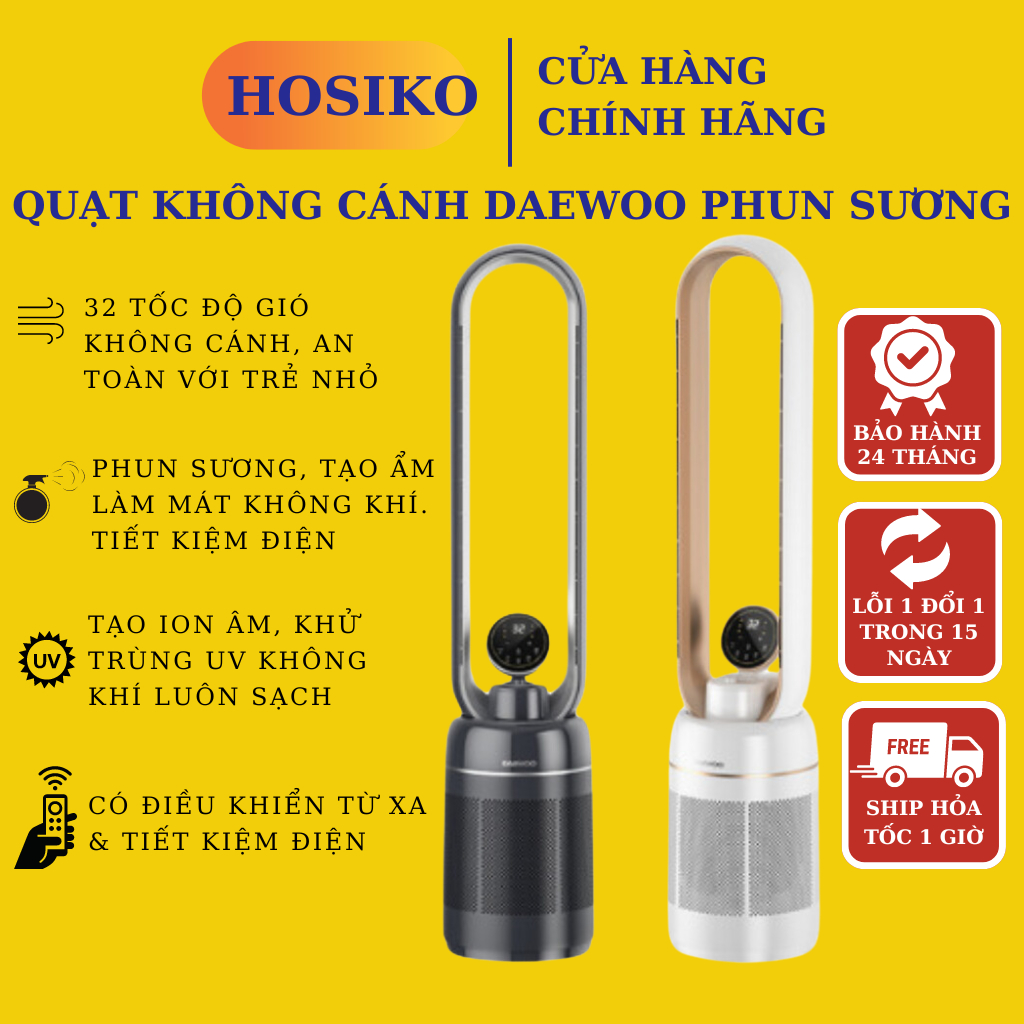 Quạt không cánh Daewoo, khử mùi UV, cấp ẩm 32 tốc độ gió _ HOSIKO ...