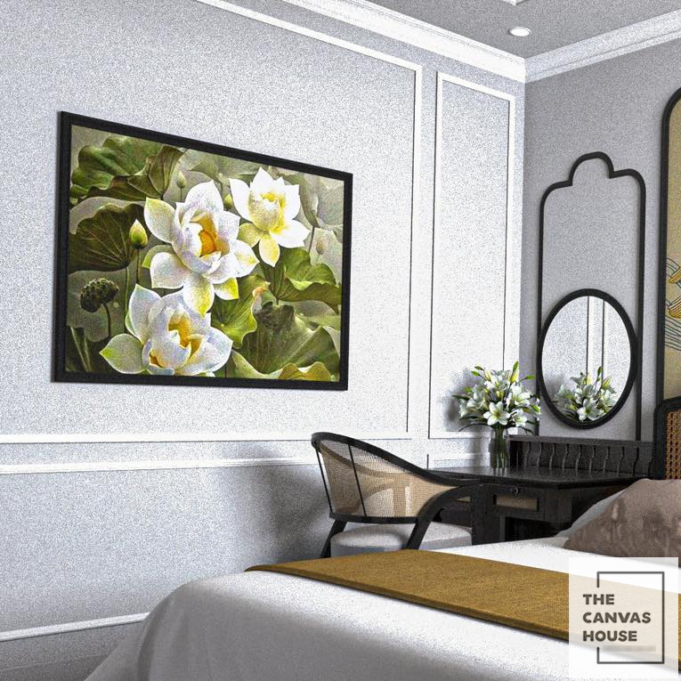 Tranh in Canvas Hoa Sen Trắng (Có hình thật - Đã có khung, móc, đinh treo) - The Canvas House ...