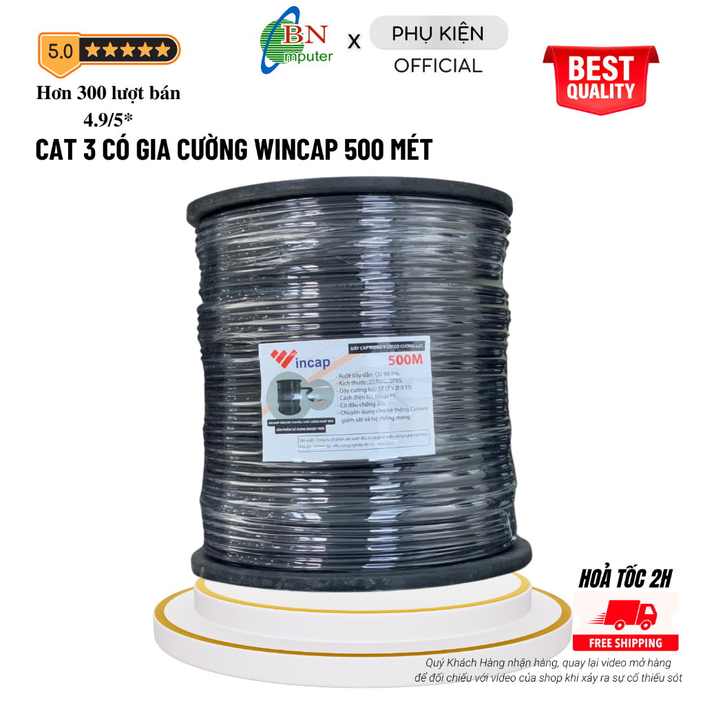 Dây cat 3 WINCAP có gia cường 500 Mét/Cuộn, lõi đồng 0.4, đủ COCQ vào ...