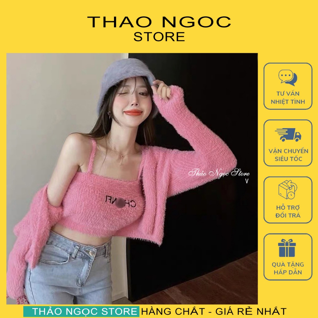 Set áo len lông thỏ 2 dây croptop thêu chữ phối áo khoác ngoài! THẢO ...