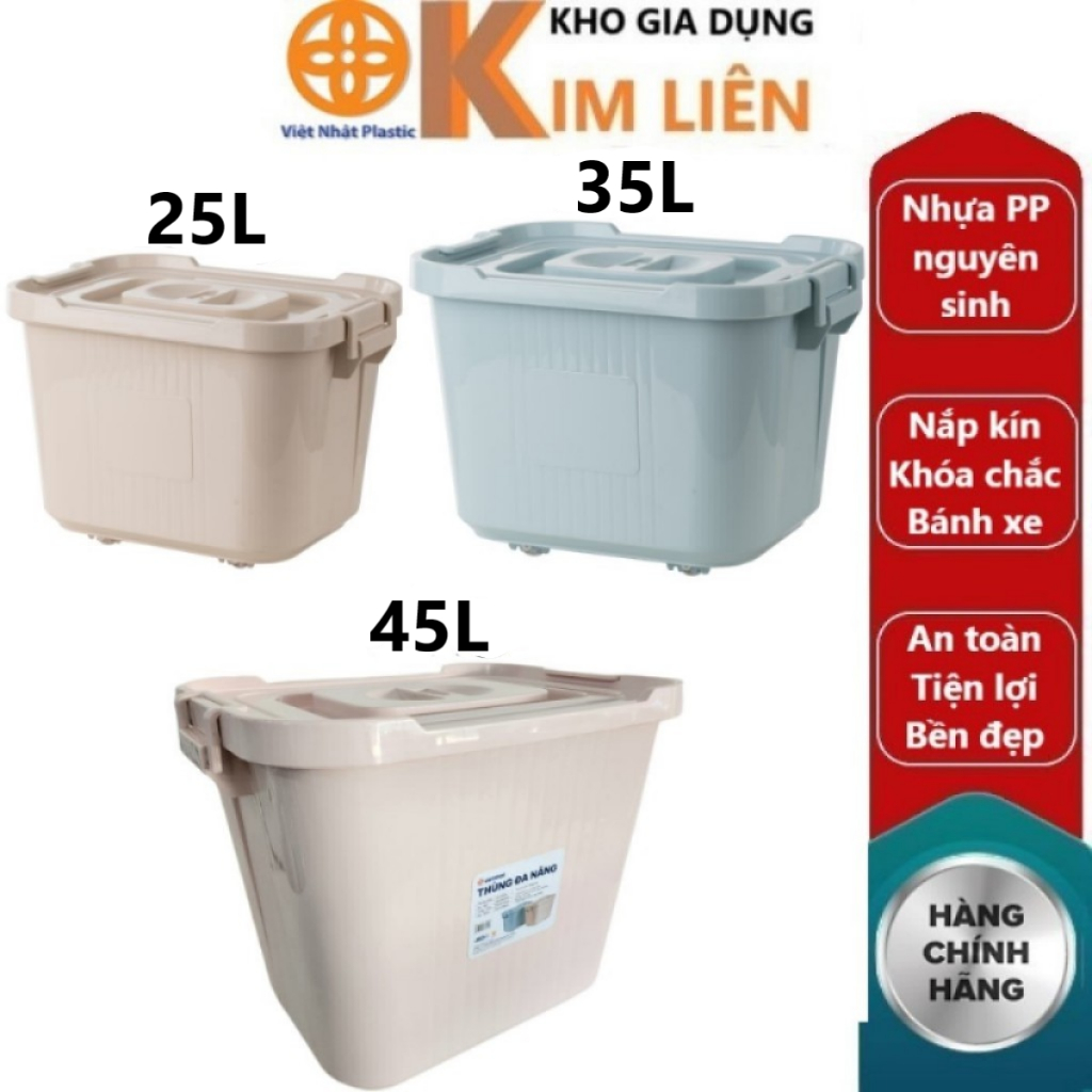 Thùng đa năng nhựa VIỆT NHẬT 25L, 35L, 45L - Nắp kín, khóa, bánh xe - Đựng gạo, đồ chơi bé, 5321 ...