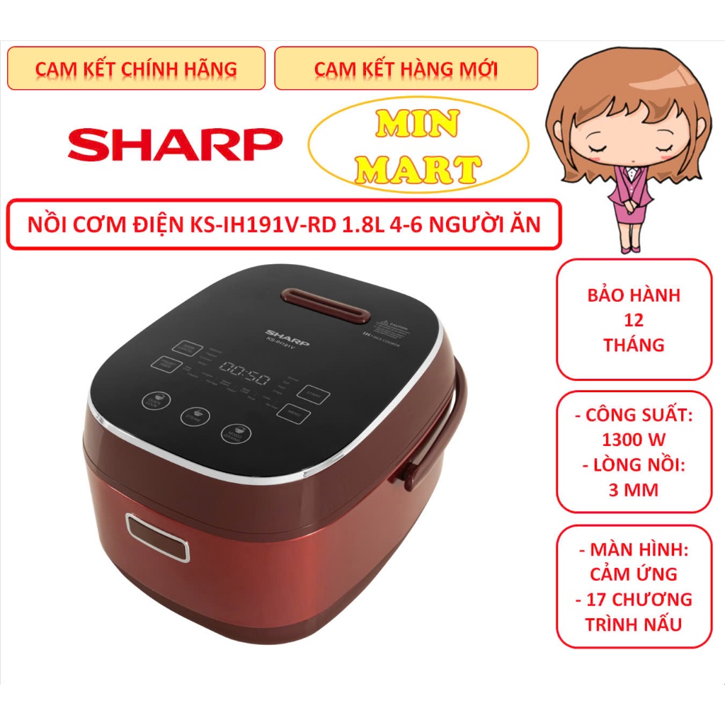 Nồi cơm cao tần Sharp KS-IH191-RD 1.8 lít, lòng nồi siêu dày, chính ...