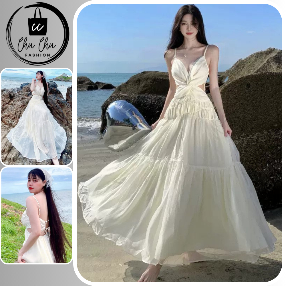Đầm Maxi Váy Đi Biển Dáng Dài Xoắn Ngực May 2 Lớp Vải Voan Tơ QC Thiết Kế Hở Lưng Chiết Eo Sexy ...