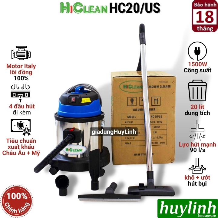 Máy hút bụi công nghiệp khô và ướt Hiclean HC20 US - 20 lít - 1500W ...
