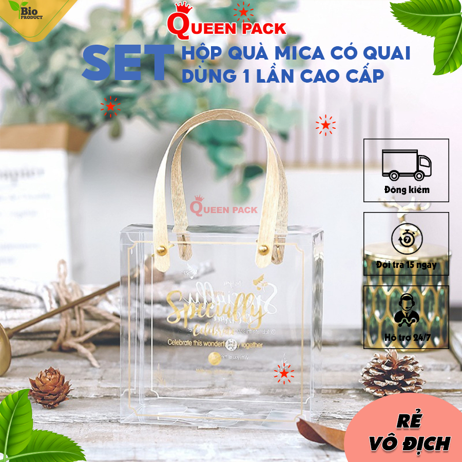 Túi Mica Trong Suốt Dáng Hộp Viền Vàng Kim Có Quai Xách Đi Kèm Đựng Quà ...