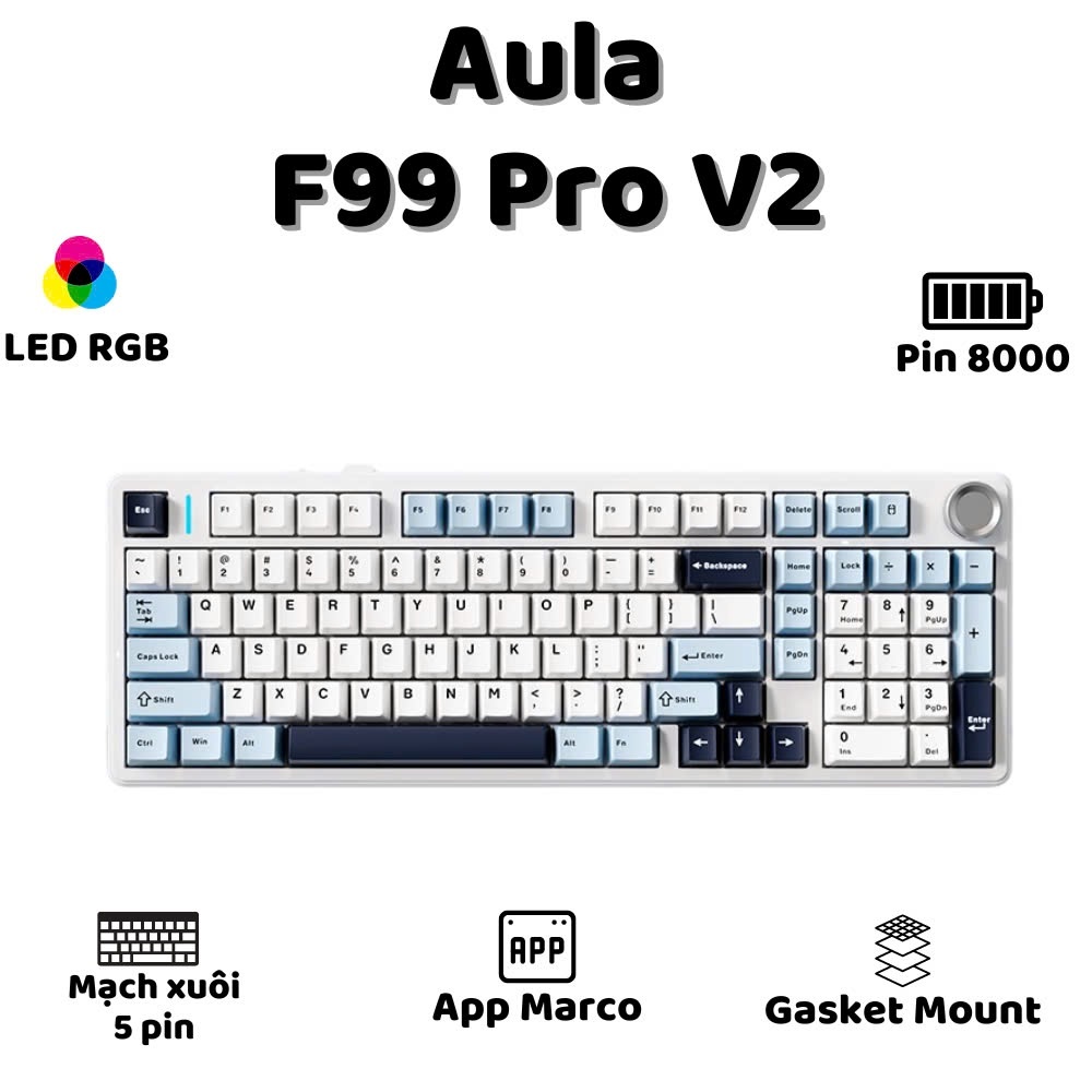 Bàn phím cơ AULA F99 Pro V2- 3 mode kết nối- Mạch xuôi- LED RGB ...