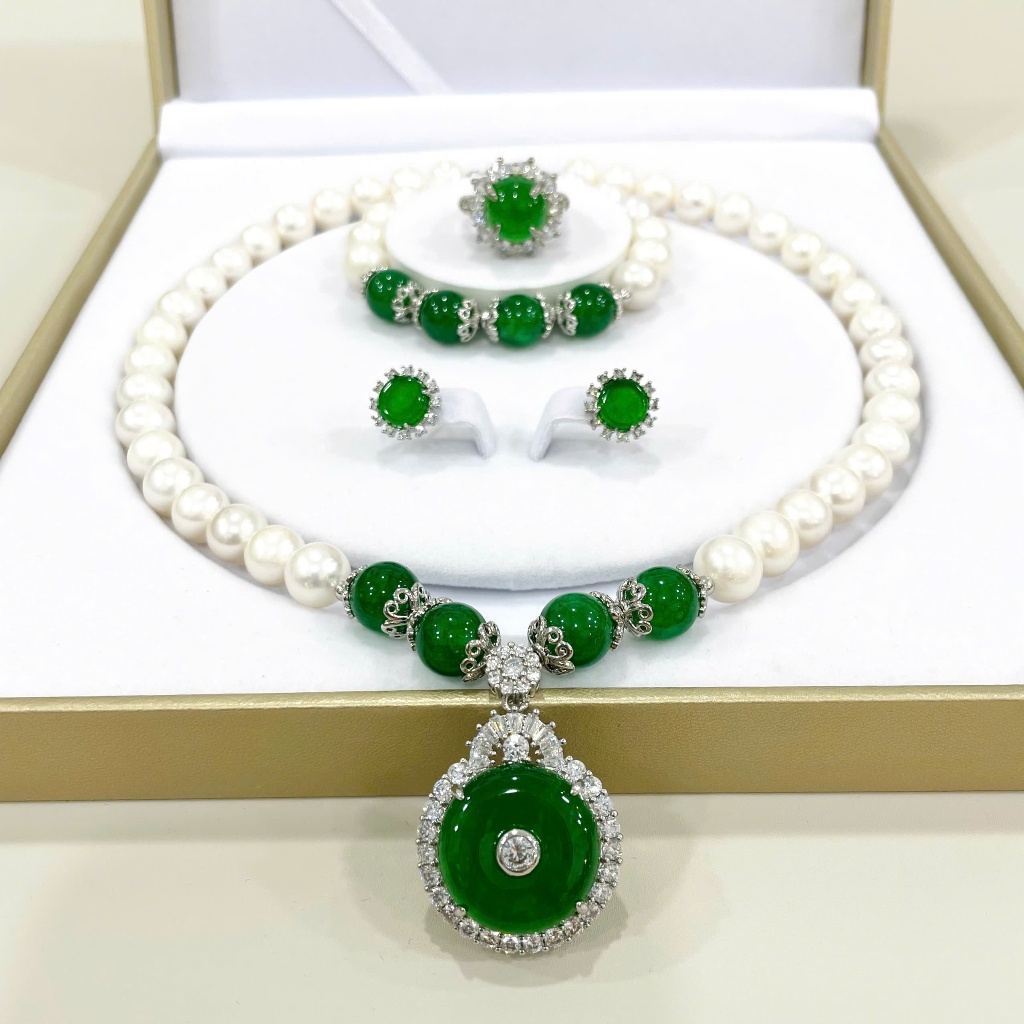 Bộ Trang Sức Ngọc Trai 10ly Mặt Đá Mã Não Đồng Điếu Xanh 4 Món Tặng Kèm ...