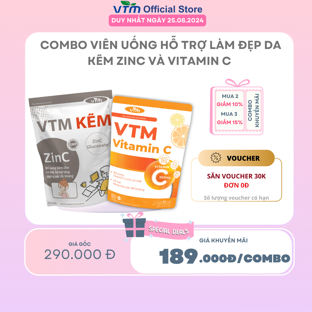 Combo Giảm mụn mờ thâm, Gấp đôi đề kháng VTM Vitamin C và VTM Kẽm - 30 ...