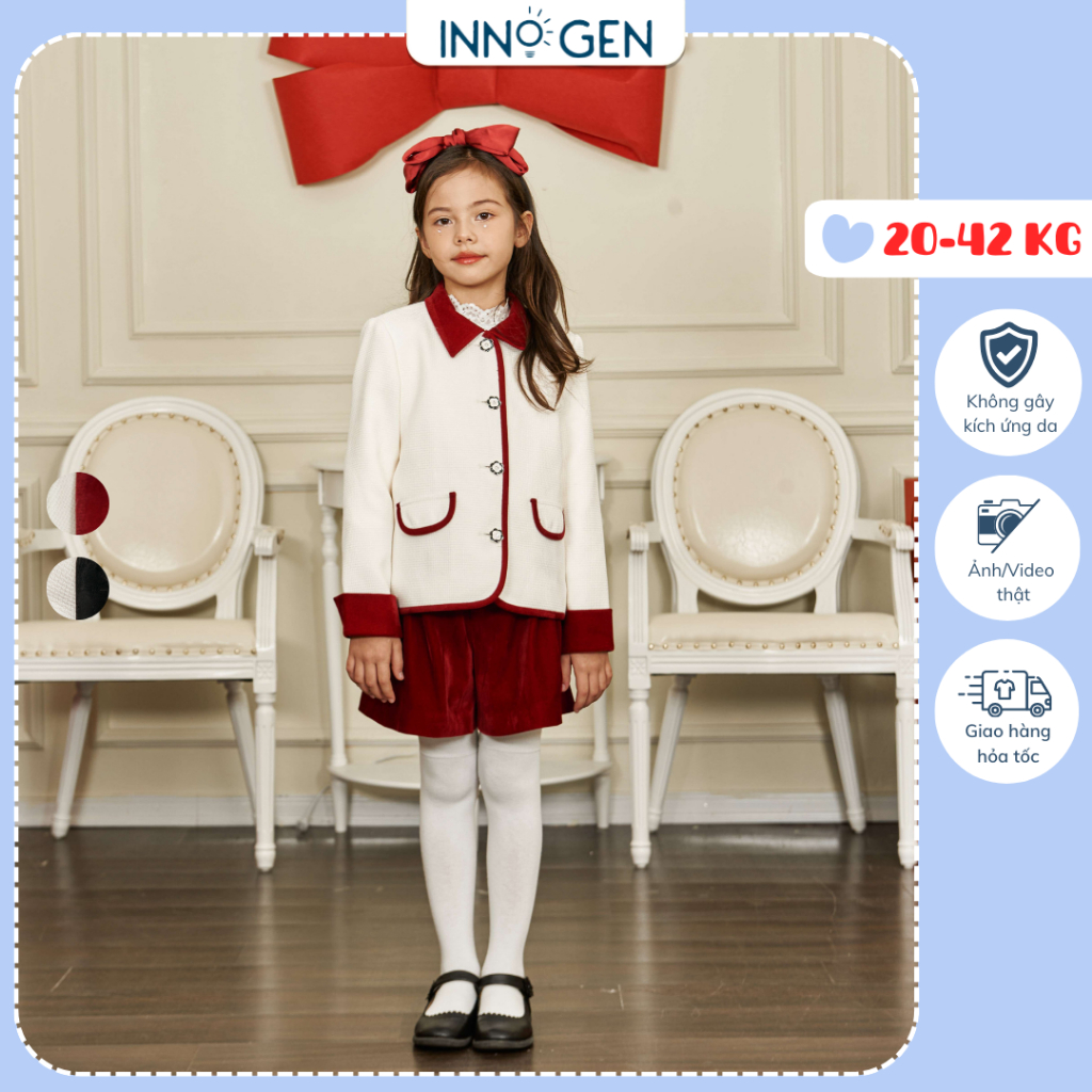 Set tiểu thư cho bé 20-42kg Dạ Tweed Phối Nhung Đỏ sang trọng thanh lịch INNOGEN, set dạ cho bé ...