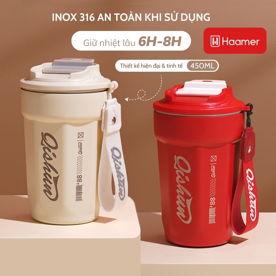 Cốc Giữ Nhiệt Haamer x Qishun Inox 316 An Toàn Thực Phẩm, Ly Giữ Nhiệt Lâu 6h-8h, 450ML Tiện Lợi ...