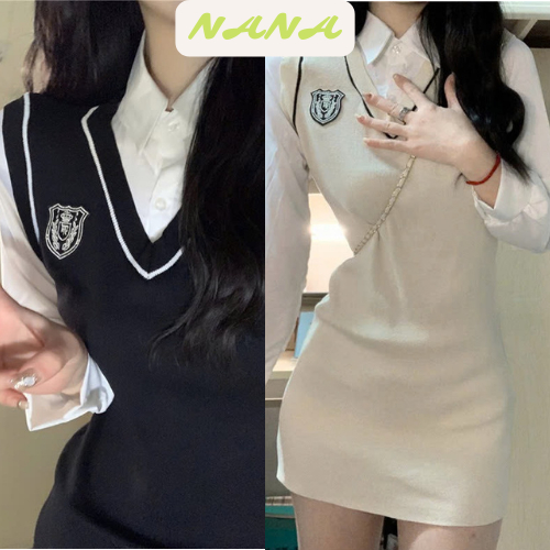 Váy gile mini đen trắng fit dáng kết hợp lớp áo sơ mi dài tay giả bên ...