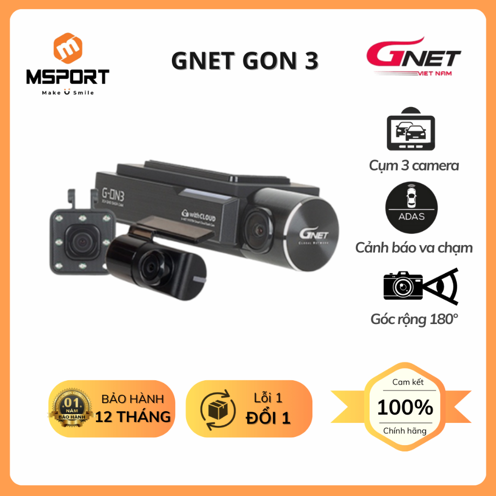 [Chính hãng] Camera hành trình ô tô Gnet GON 3 - 3 camera trước, sau, trong xe - Độ phân giải 2K ...