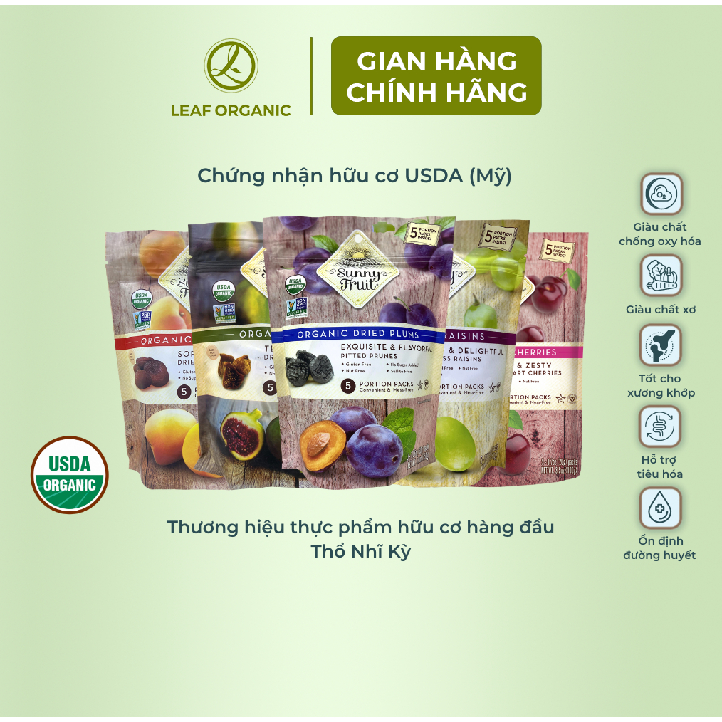 Các loại quả khô hữu cơ Sunny Fruit: nho khô, mận khô, sung khô, cherry ...
