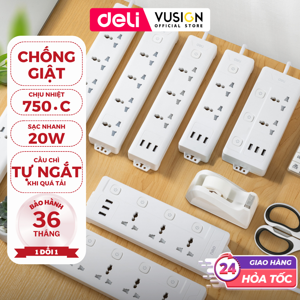 [HỎA TỐC] Ổ Cắm Điện DELI Chống Giật - Cháy 2-12 Lỗ Cắm Có Cầu Chì Công Suất 2500W Có Cổng TypeC ...