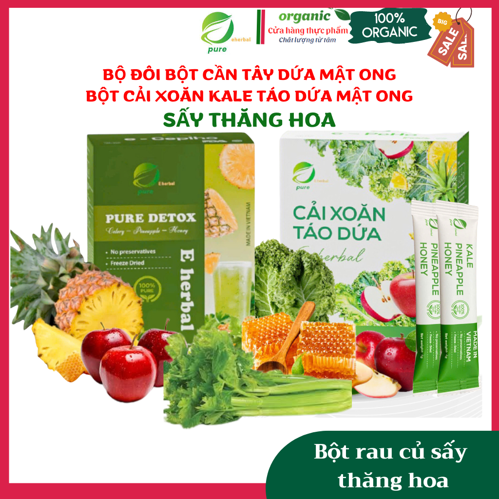 Bộ Đôi Bột Cải Xoăn Kale Táo Dứa & Bột Cần tây Dứa Mật Ong Eherbal sấy ...