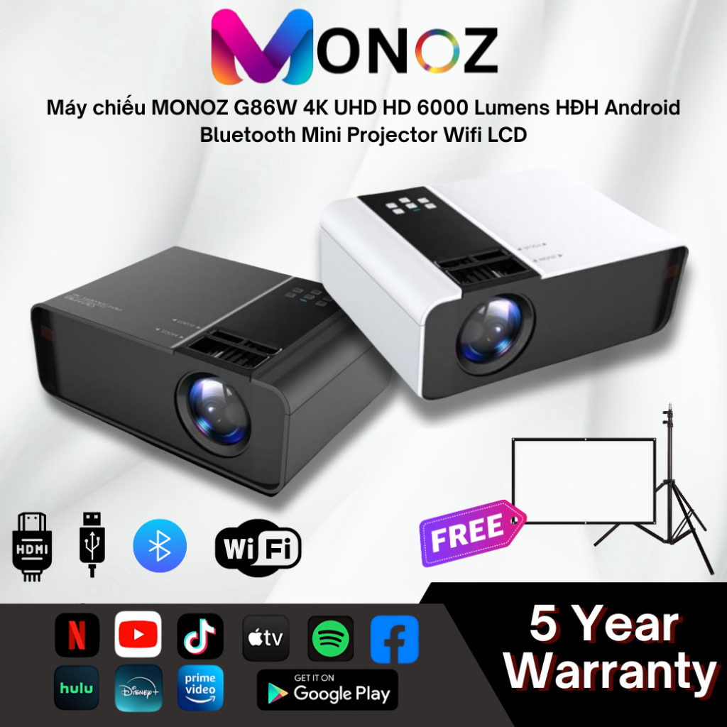 Máy chiếu MONOZ G86W 4K UHD HD 6000 Lumens HĐH Android Bluetooth Mini ...