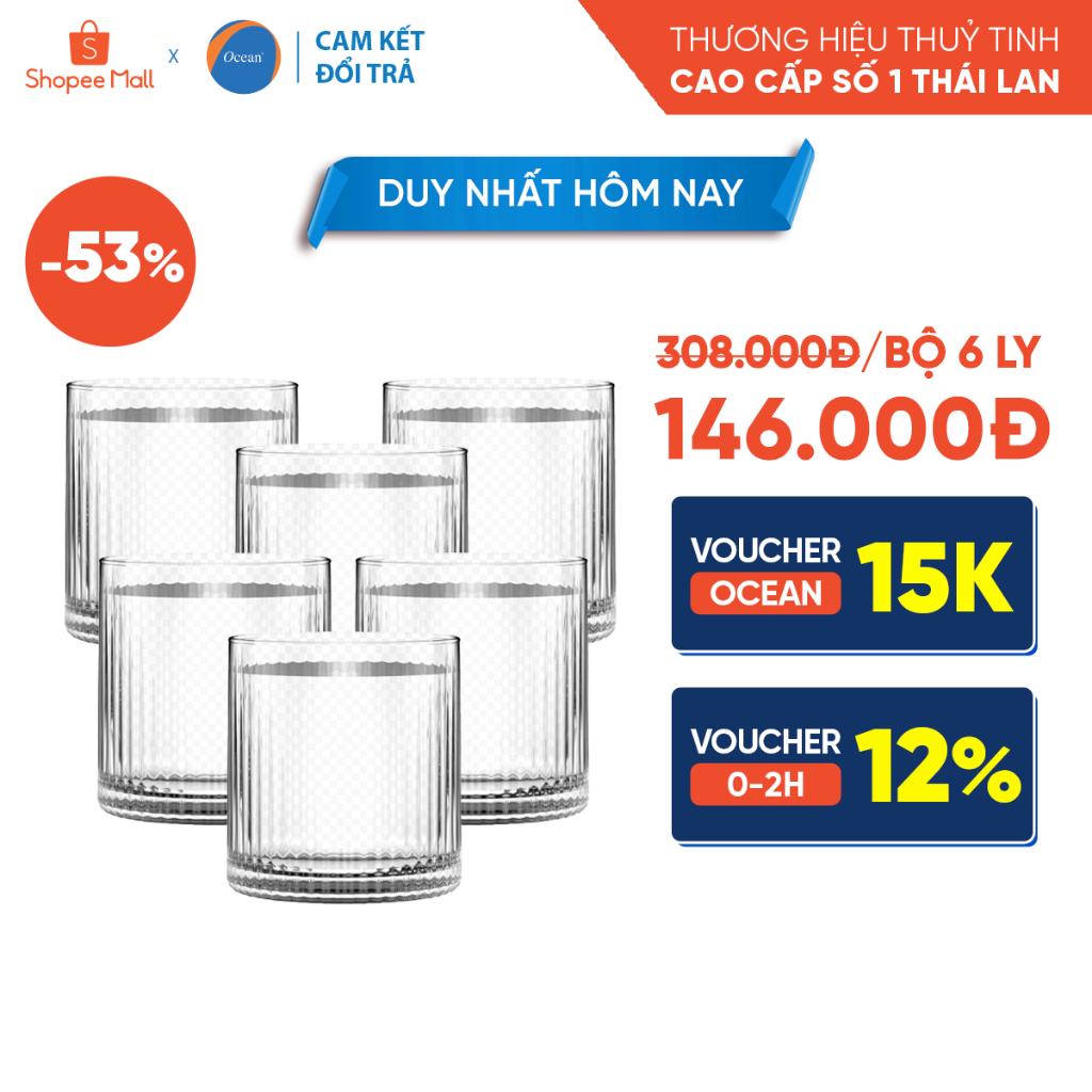 [SẢN PHẨM MỚI] [Cam Kết Đổi Trả Nếu Vỡ] Bộ 6 ly thủy tinh Ocean Pulse Rock 235ml - Chính hãng ...