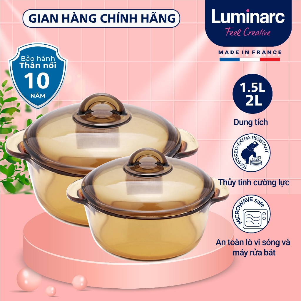Bộ 2 nồi thủy tinh Luminarc Amberline 1.5L+2L LAVI6P4 dùng bếp ga, hồng ...
