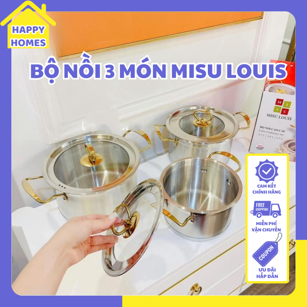 Bộ 3 nồi Misu Louis Inox 304 cao cấp nguyên khối không gỉ, Bộ nồi Misu ...