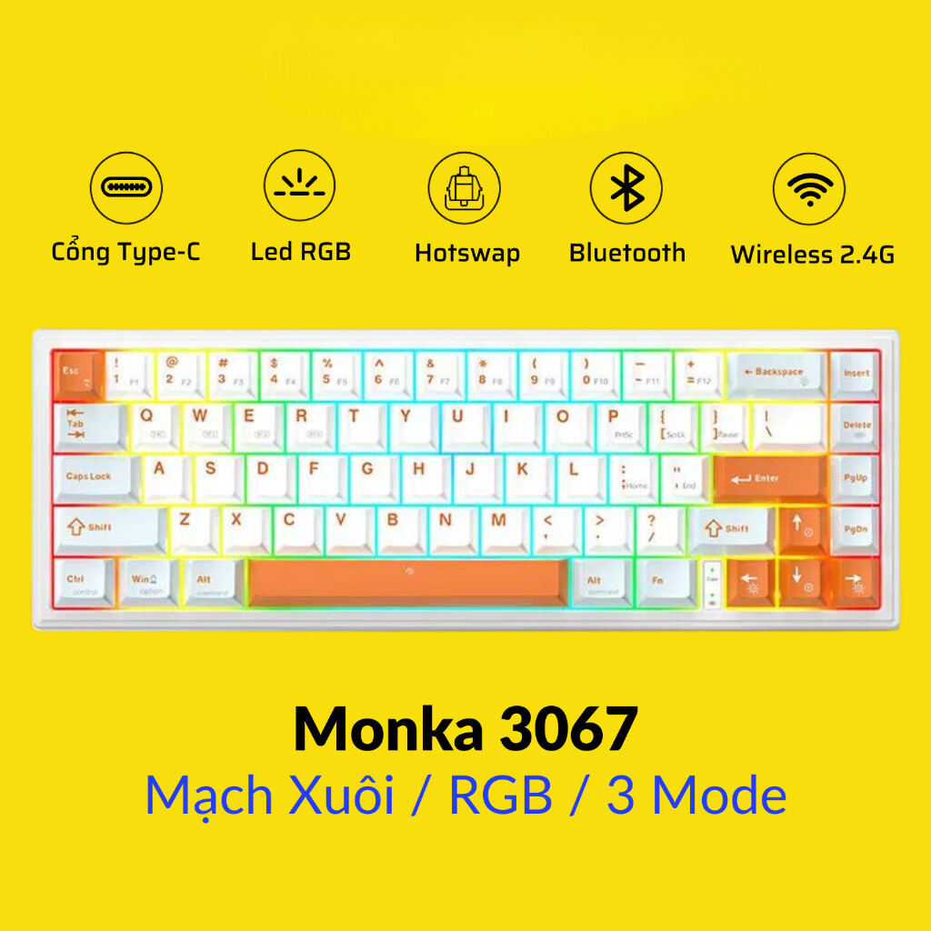 Bàn phím cơ không dây MONKA 3067 Pro V2 - 3 MODE Kết Nối - Có Hotswap ...