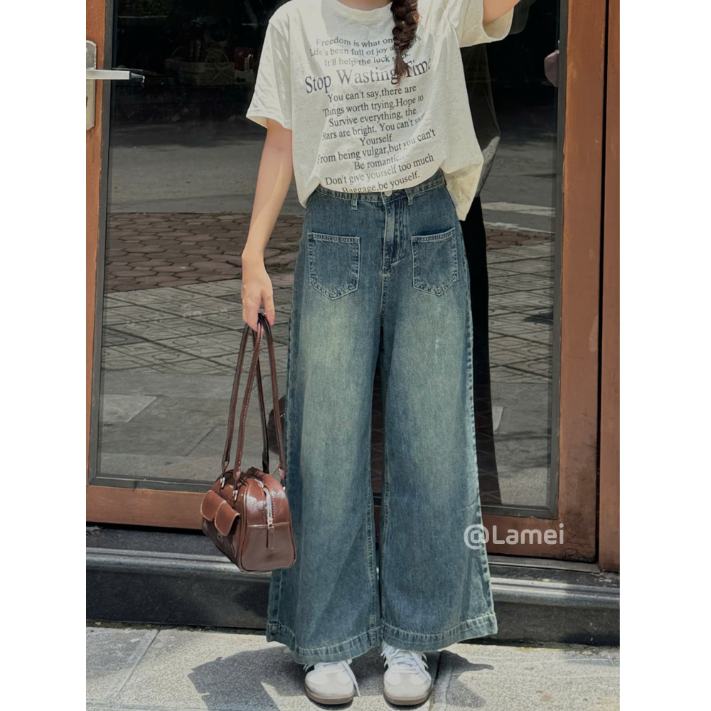 LA'MEI - Quần jeans ống rộng form lửng 2 túi trước LAMEI03 | Shopee ...