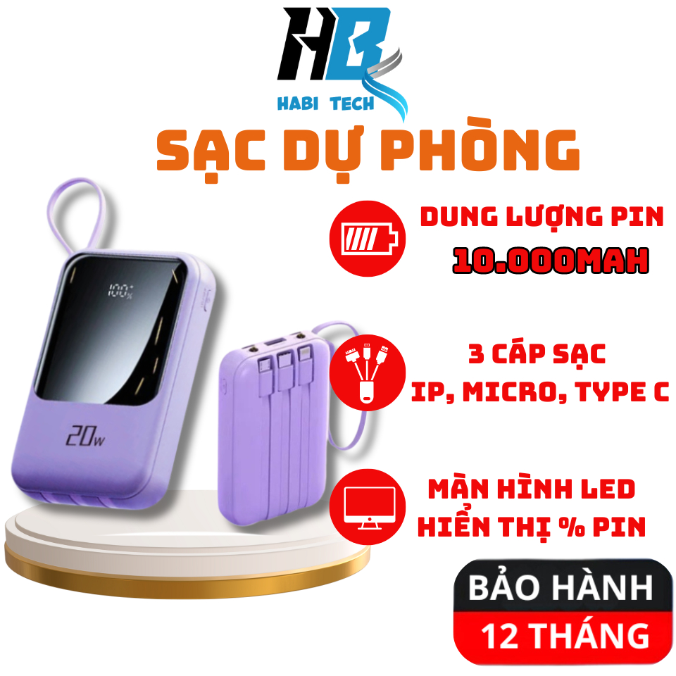 Pin Sạc Dự Phòng Sạc Nhanh PD20W Dung Lượng Pin 10000mAh 4 Cáp Sạc Liền ...