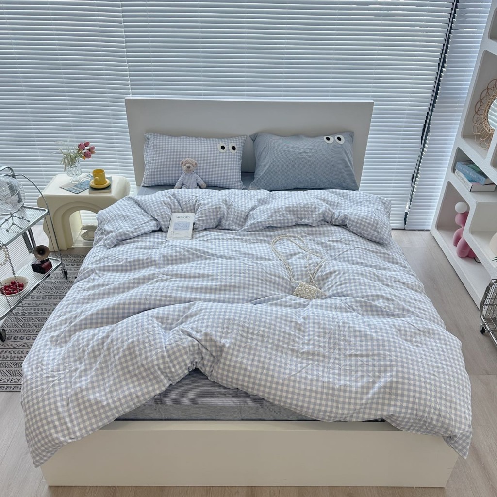 Bộ ga gối và vỏ chăn Cotton Đũi Kẻ Caro Basic thêu Đôi Mắt, Đũi Caro ...