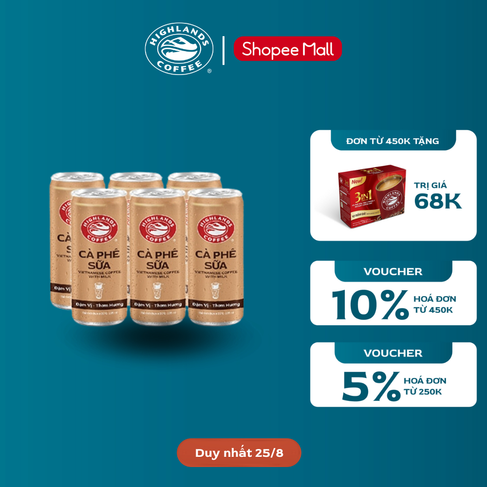 CÀ PHÊ SỮA ĐÓNG LON HIGHLANDS COFFEE - LỐC 6 LON 235ML | Shopee Việt Nam