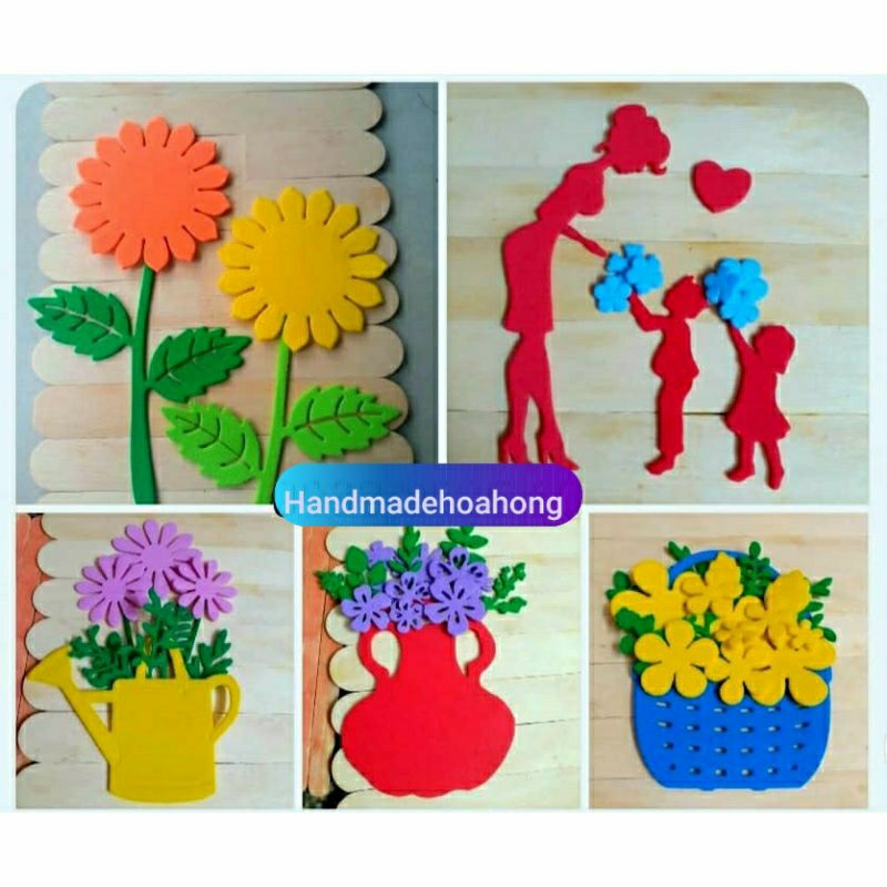 ( Phụ kiện làm thiệp ) 1 Set giỏ hoa+ Nơ+Hoa+Lá, bằng xốp / BÌNH HOA ...