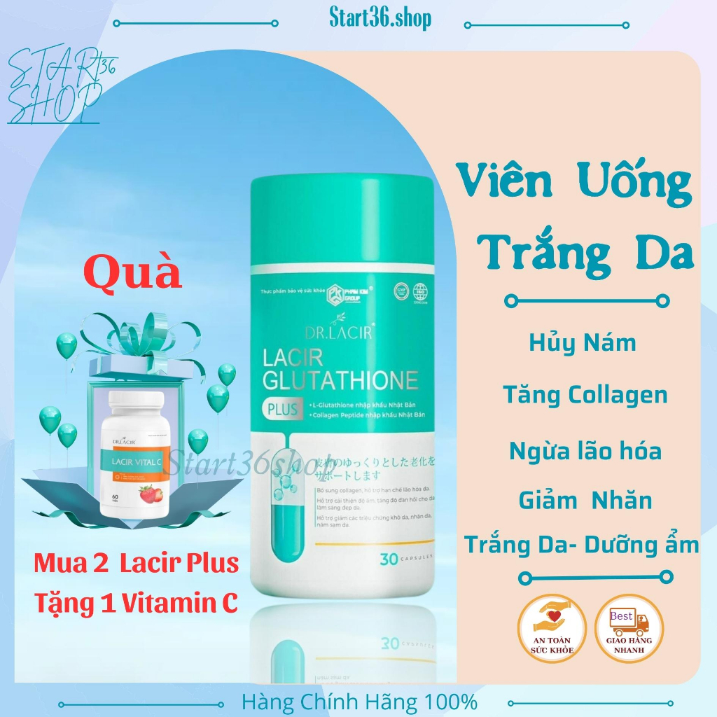 Viên uống trắng da Dr Lacir glutathione Plus, viên uống trắng da hủy nám, ngừa lão hóa, giảm nếp ...