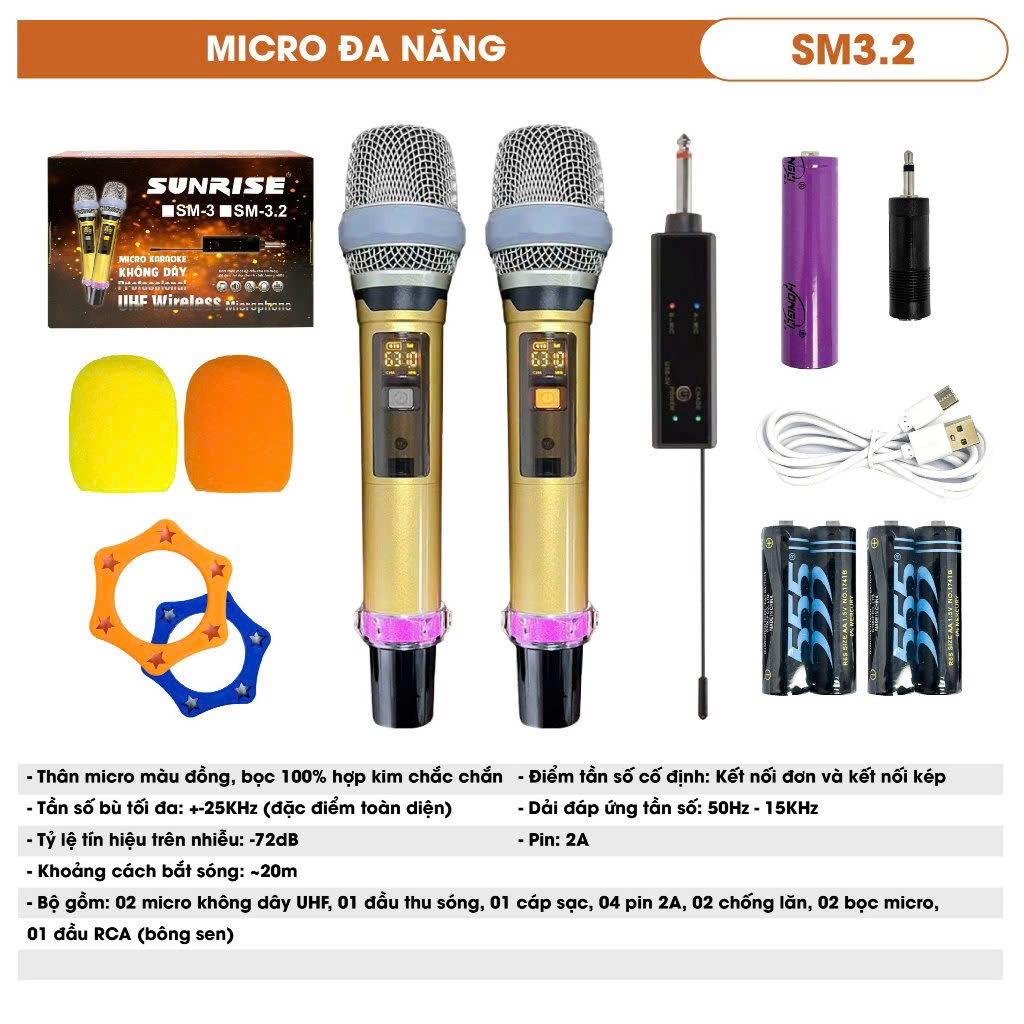 [HCM]Micro Không Dây Sunrise SM-3 (Loại 2 Mic) | Shopee Việt Nam