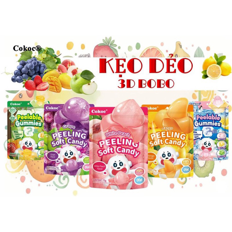 Kẹo Dẻo Trái Cây Lột Bóc Vỏ 3D BoBo Cokoc Xoài, Nho, Đào 75g, mix vị 60g | Shopee Việt Nam