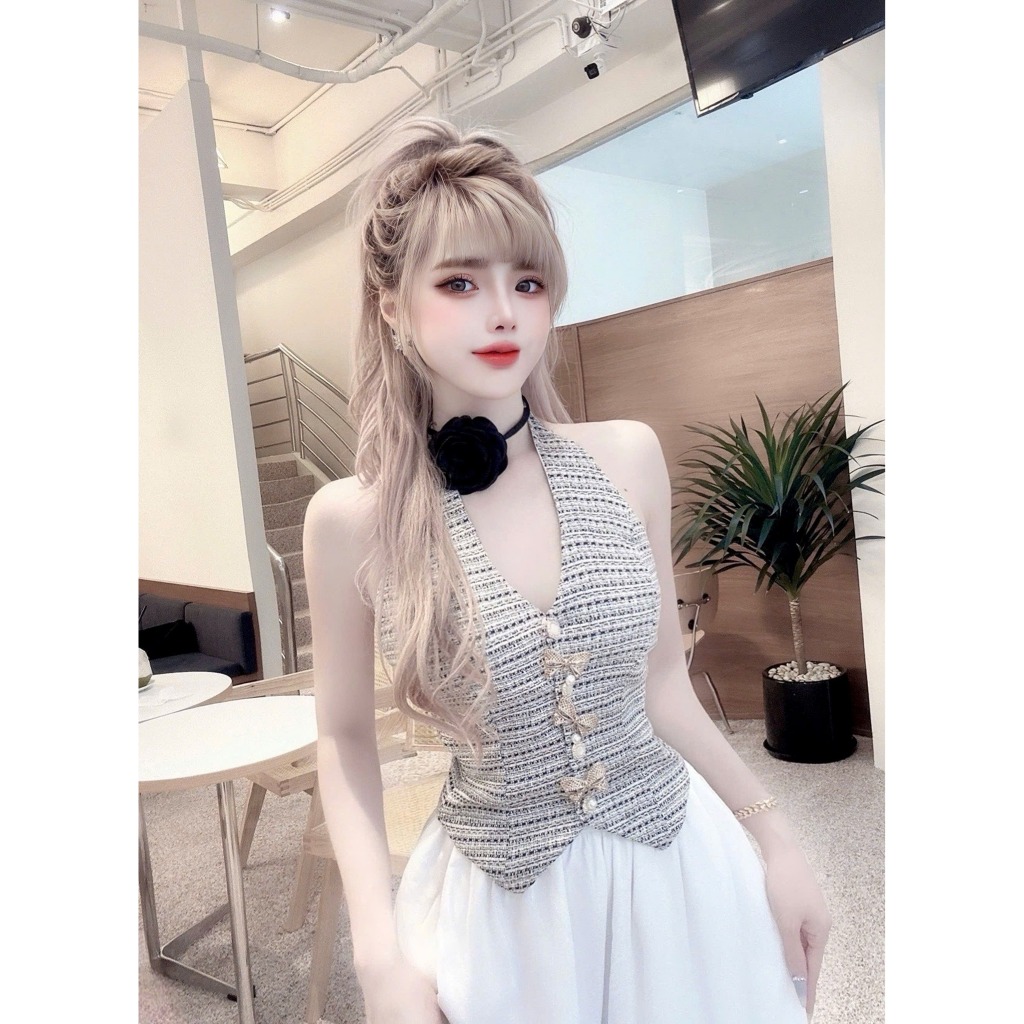 Bộ áo GILE bố sọc quần suông rộng+hoa eo rời | Shopee Việt Nam