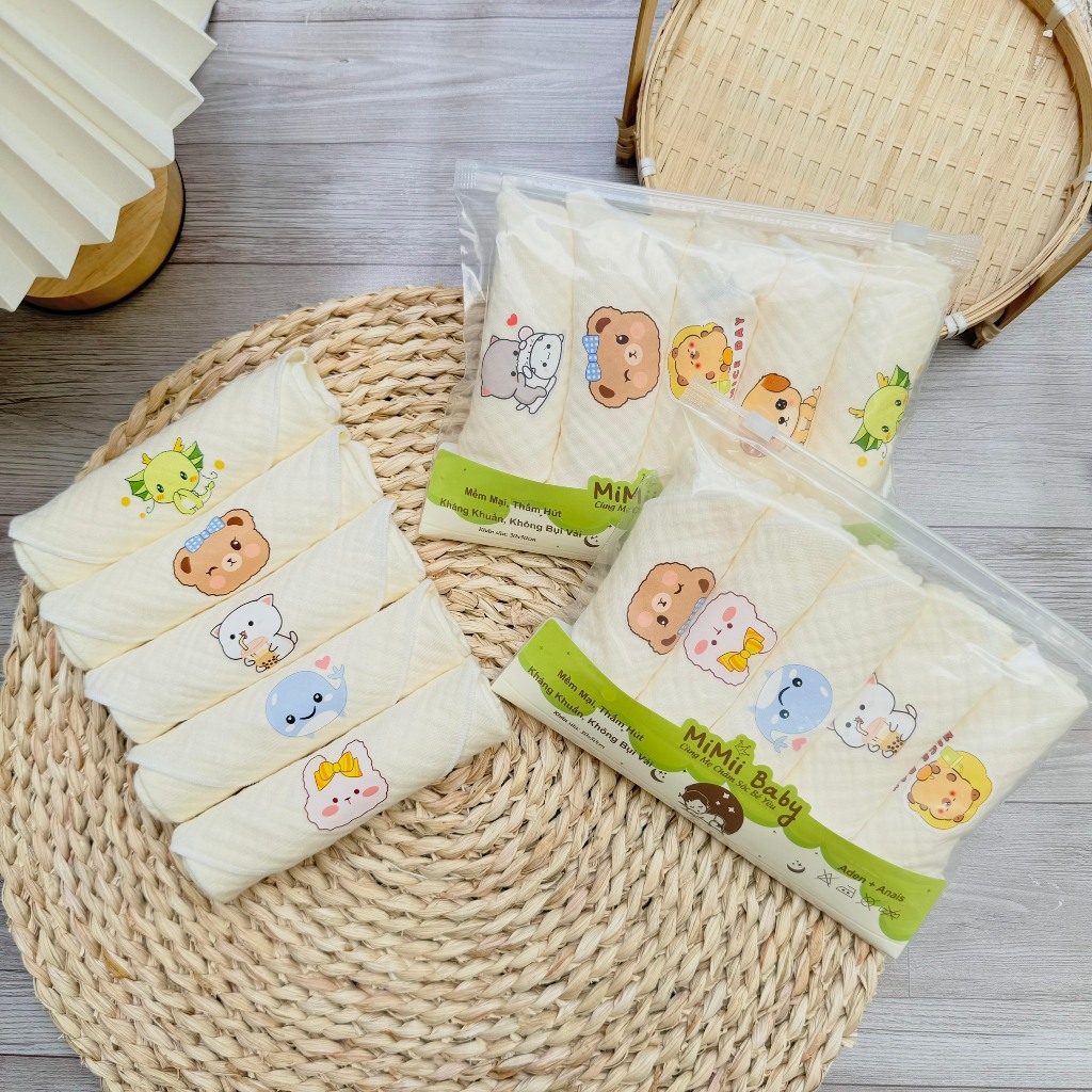 set 5 khăn sữa cho bé Mimi Muslin 3 lớp in hình thú siêu mềm mại, khăn ...