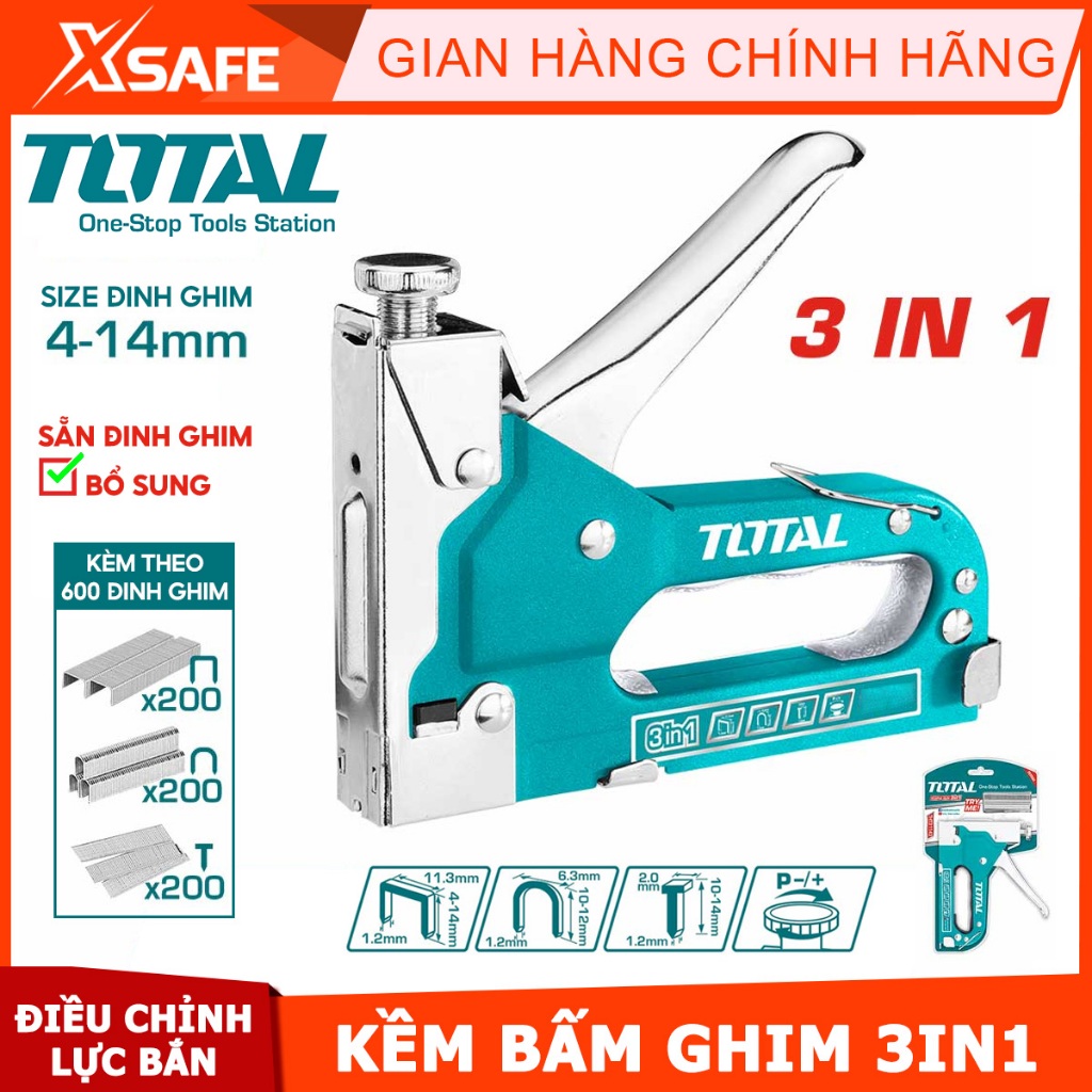 Kìm bấm đinh ghim đa năng 3IN1 TOTAL THT31143 điều chỉnh lực bắn, kèm ...