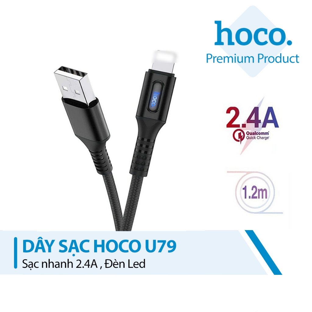 Dây sạc nhanh 2.4A truyền dữ liệu Hoco U79 LN dây dù tự ngắt sạc tích hợp đèn Led dài 1.2M ...
