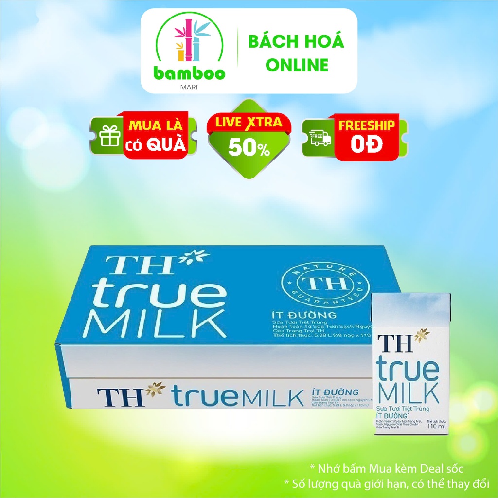 [ TẶNG Bịch Khăn Ướt Topvalu ] Thùng 48 Hộp Sữa Tươi Tiệt Trùng Ít Đường TH True Milk - 110ml ...