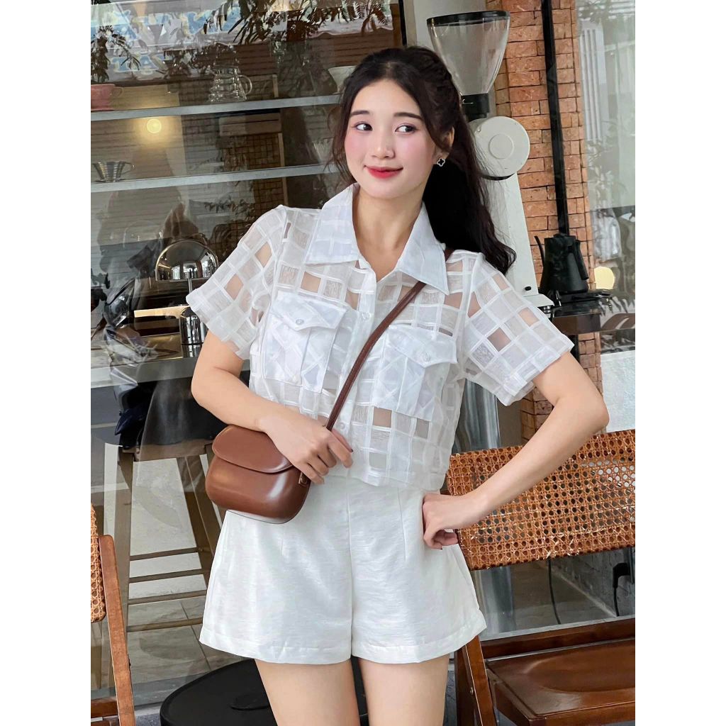 GOLA - Set áo LARCA - Set áo sơ mi lưới form rộng croptop | Shopee Việt Nam
