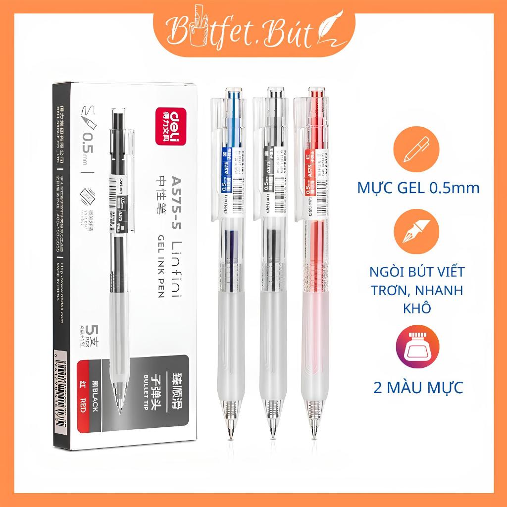 Bút Bi Nước Bút Gel Bấm Deli A575 3 màu mực Đen Trơn Tru Ngòi 0.5mm có ...