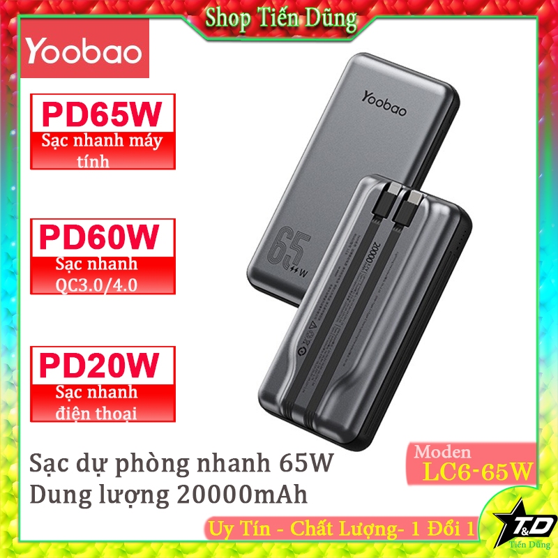 Pin sạc dự phòng Yoobao LC6 65W Dung lượng 20000mAh tích hợp 2 dây sạc đi kèm - Pin Sạc nhanh ...