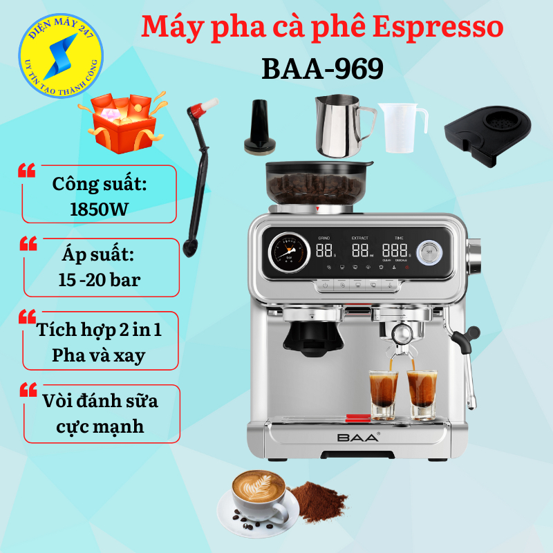 Máy pha cà phê BAA-969 - Tích hợp xay pha 2 in 1 - Chế độ ủ cafe - tự ...