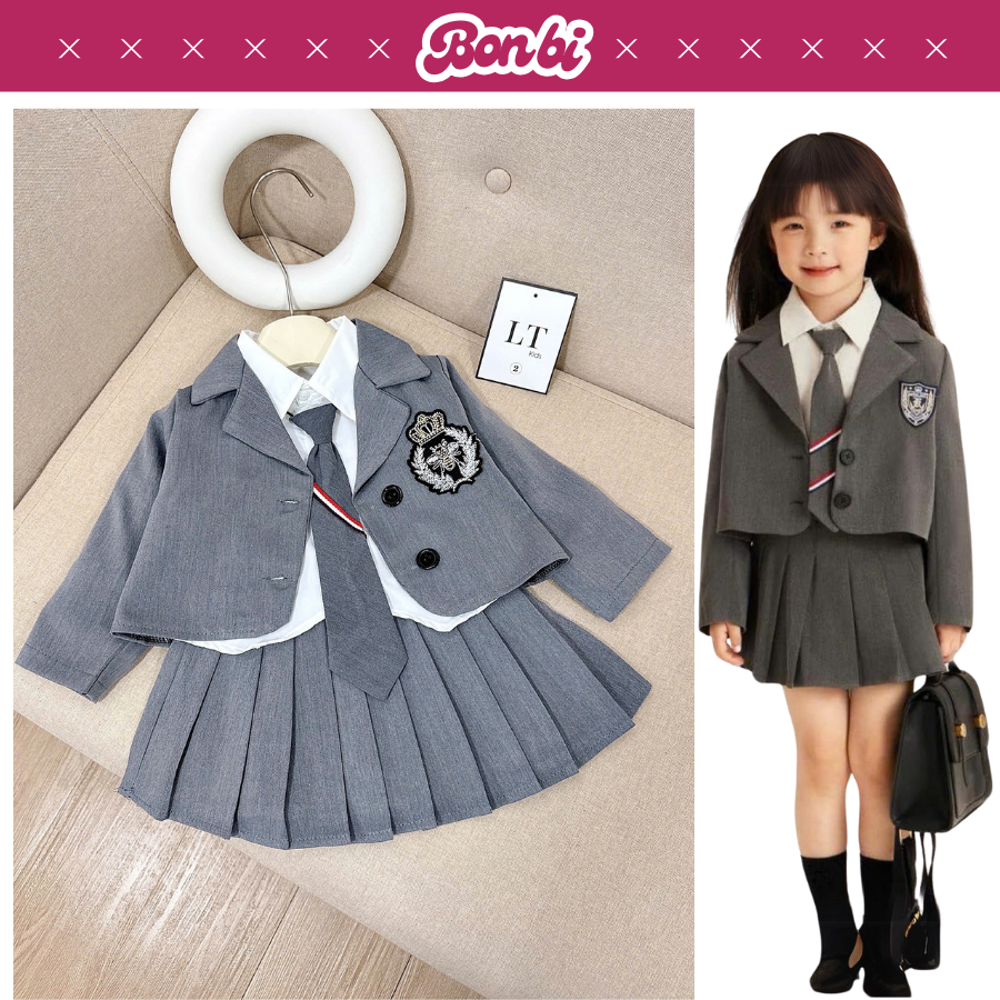 [B153] Set comle cho bé gái BONBI 4 chi tiết áo vesst - áo sơ mi kèm cà vạt - chân váy dập ly ...